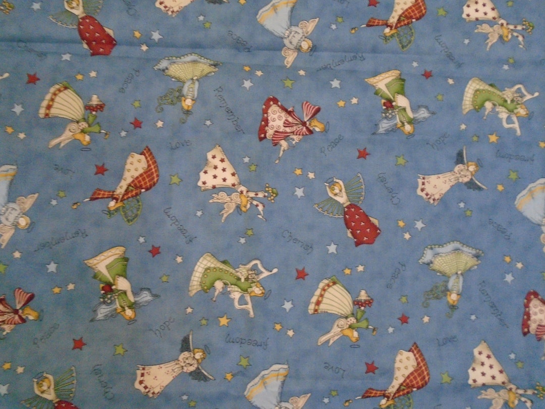 1 Yard 1980s Vintage Fabric, Folk Art Angels, Blue Background, Leslie ...