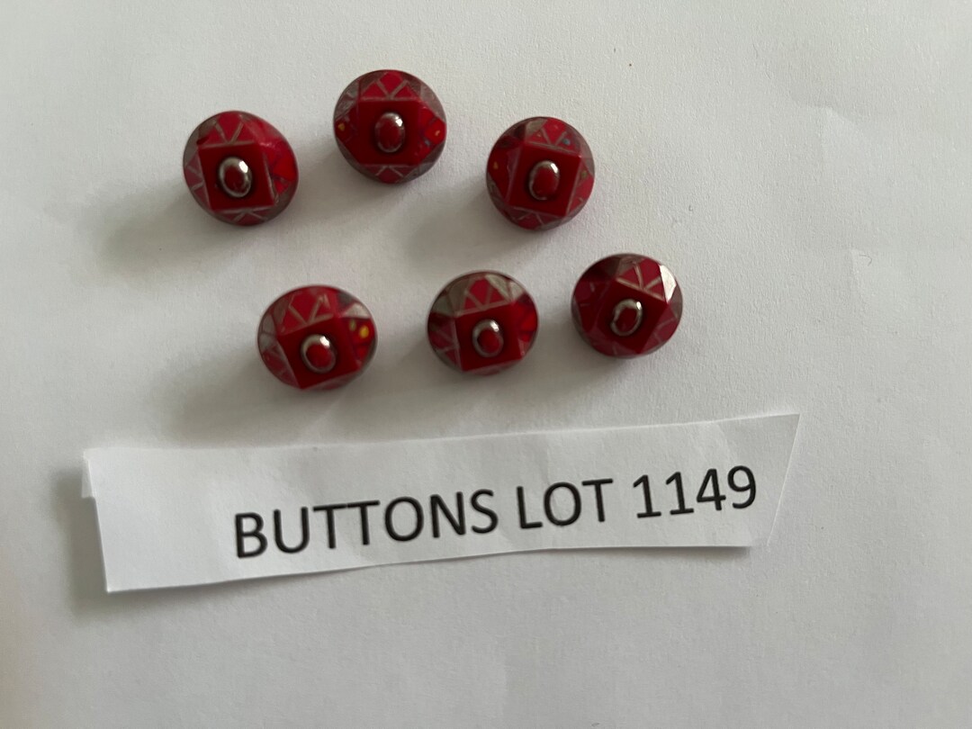 6 Dark Red Glass Buttons With Silver, Round, Square Center, Sewing ...