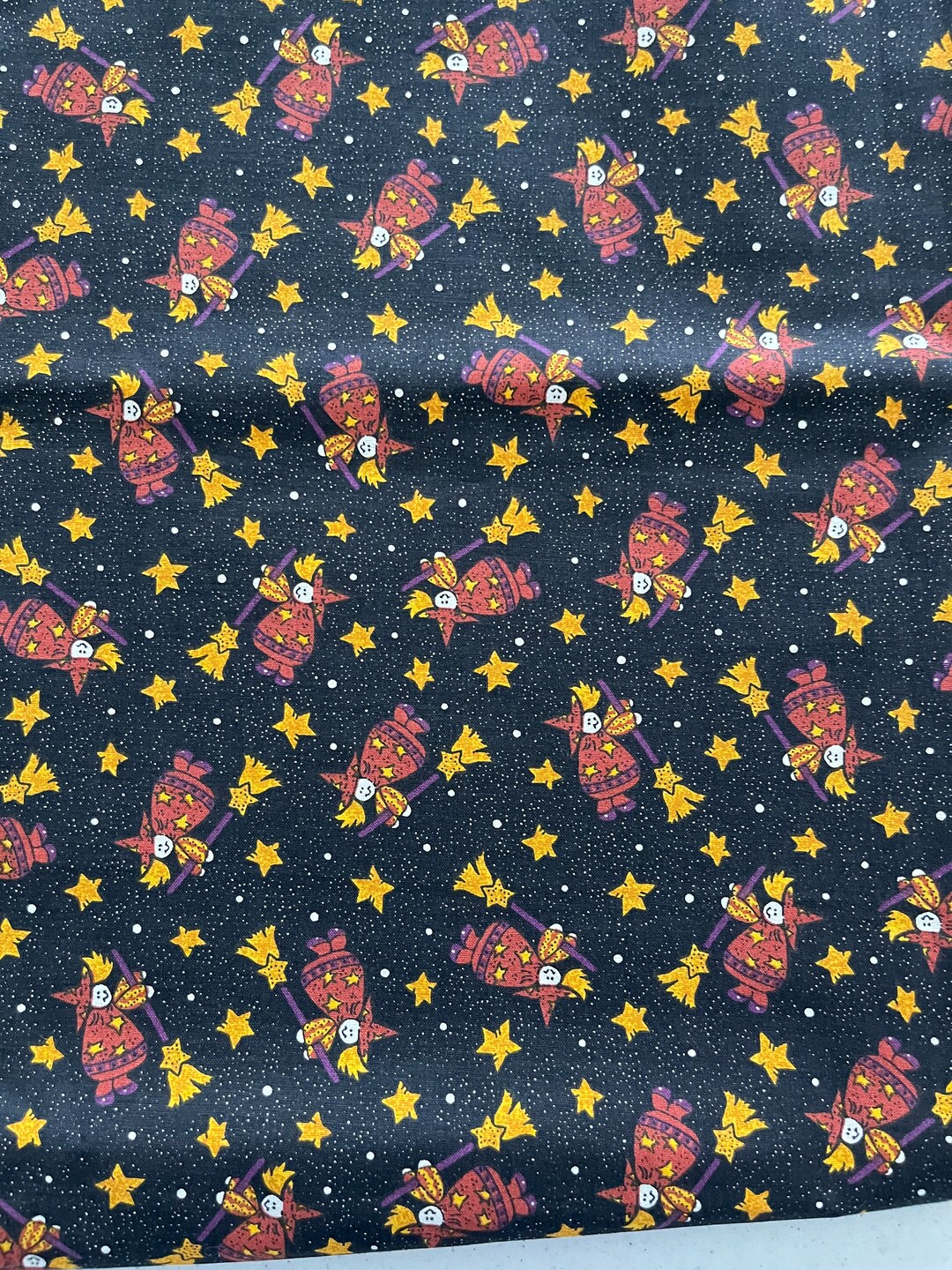 Miniature Witches and Stars on Black Background, Springs Industries ...