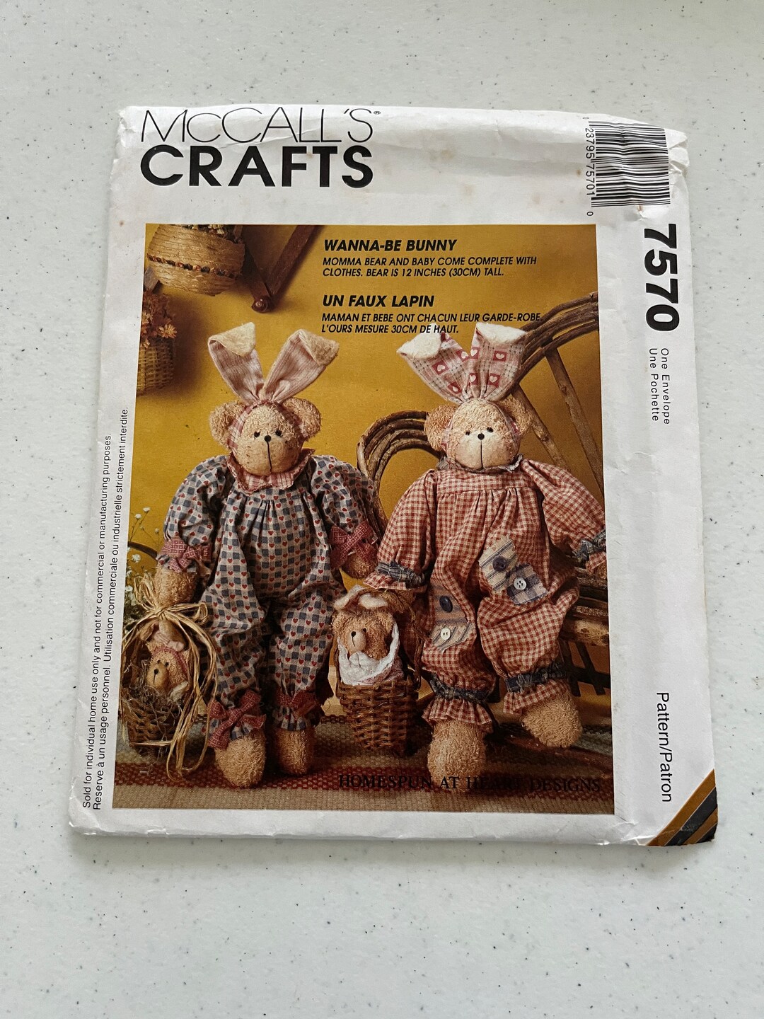UNCUT 1995 Mccalls Crafts Pattern 7570, Wanna-be Bunny, Mama Bear and Baby and Clothes, Adorable ...