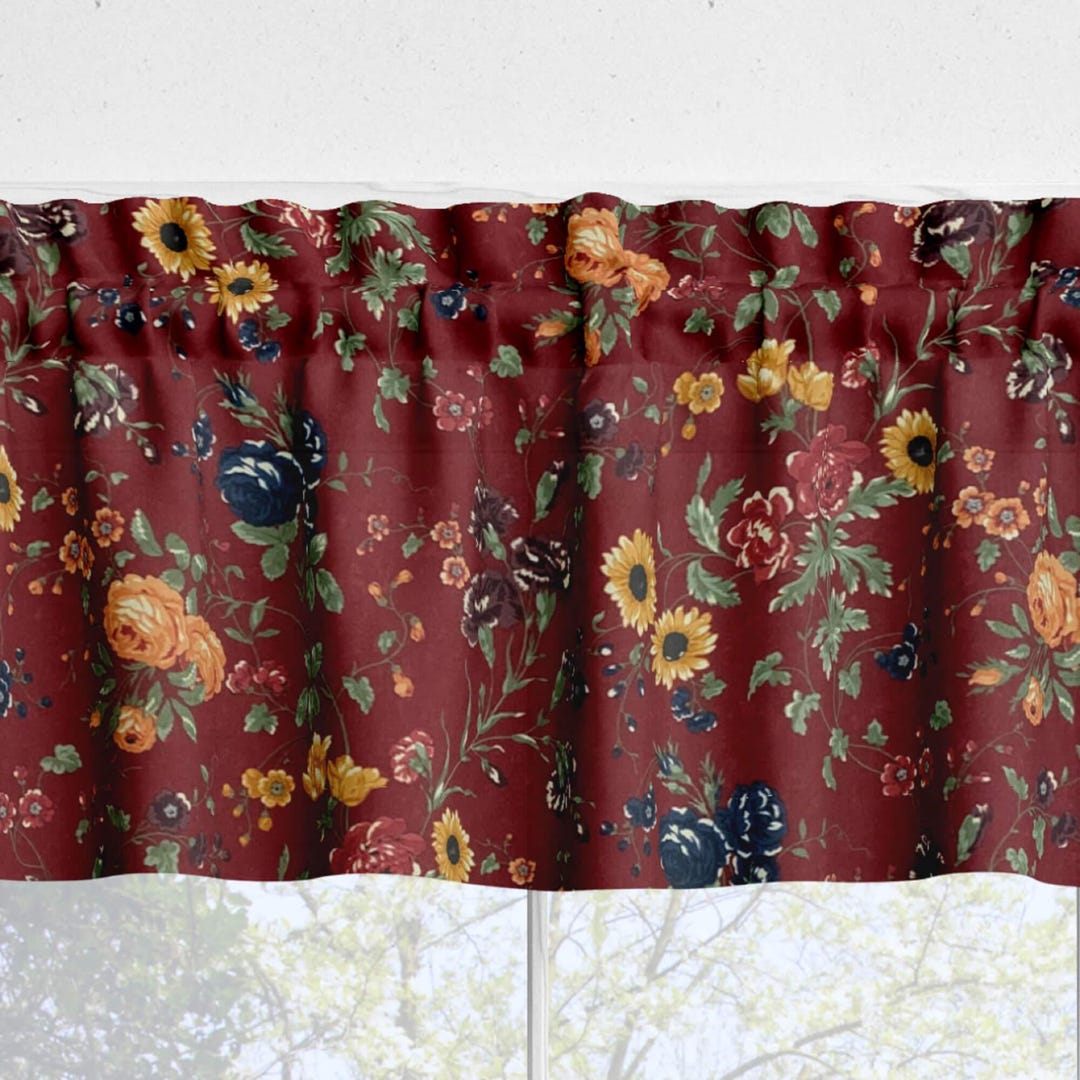 Blooming Garden Burgundy Red Floral Valances Cafe Curtains Country ...