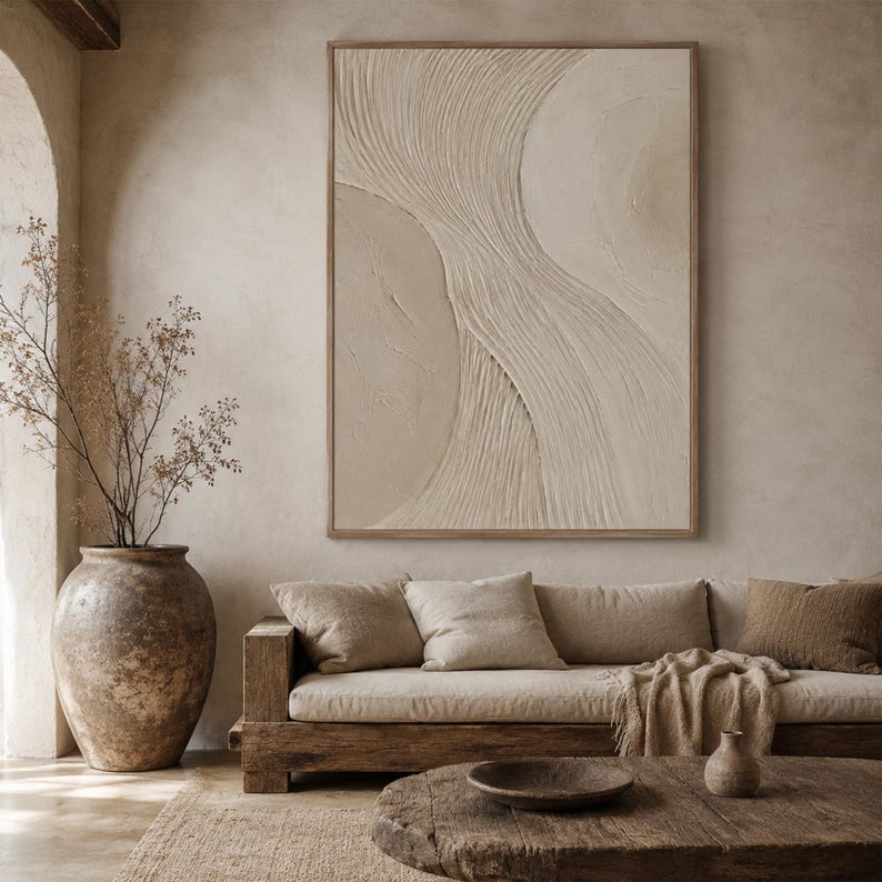 Minimalist Beige Textured Oil Painting, Wabi Sabi Line Relief Wall Art ...