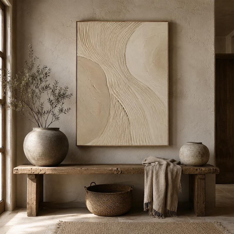 Minimalist Beige Textured Oil Painting, Wabi Sabi Line Relief Wall Art ...