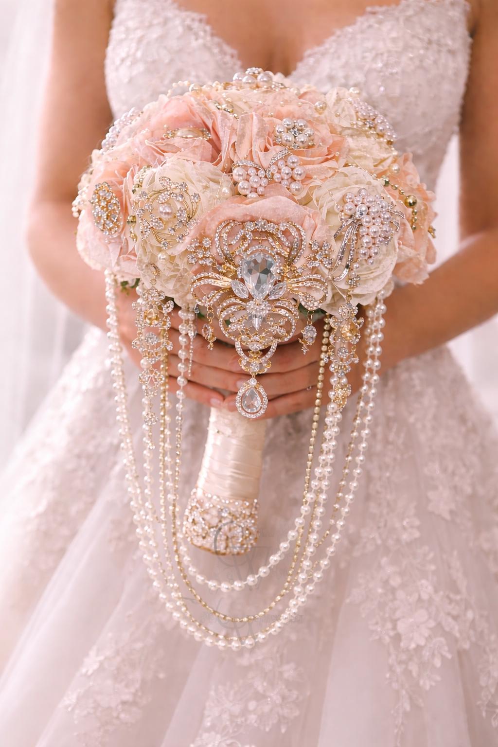 Bridal Blush Brooch Pearl Flower Bouquet, Rhinestone Bridal Flowers by ...