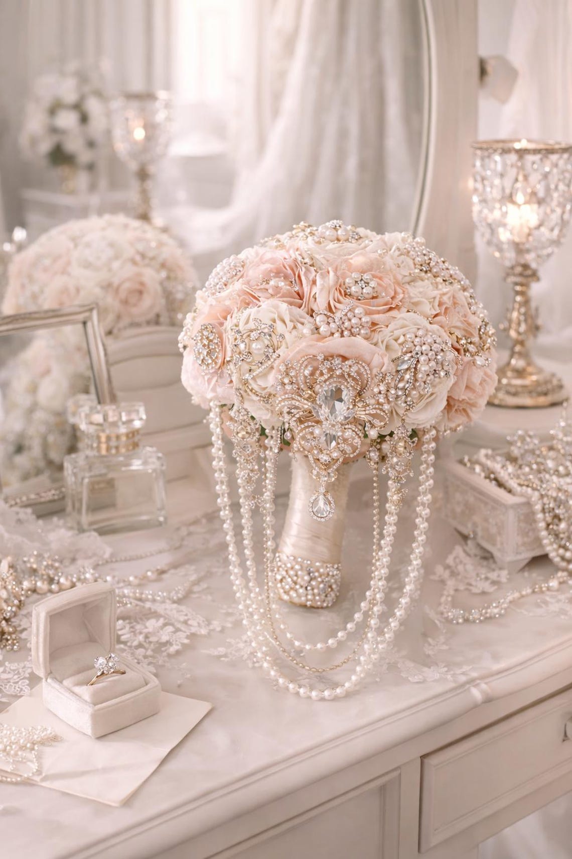 Bridal Blush Brooch Pearl Flower Bouquet, Rhinestone Bridal Flowers by ...