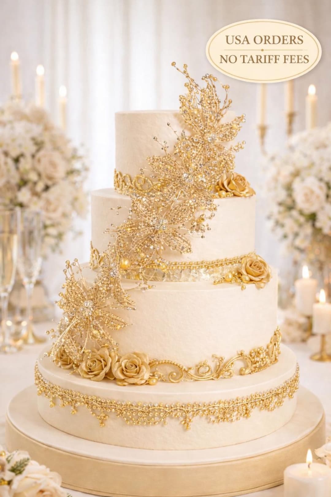 Gold Flower Cake Jewelery Rhinestone Wedding Cake Decoration - Etsy