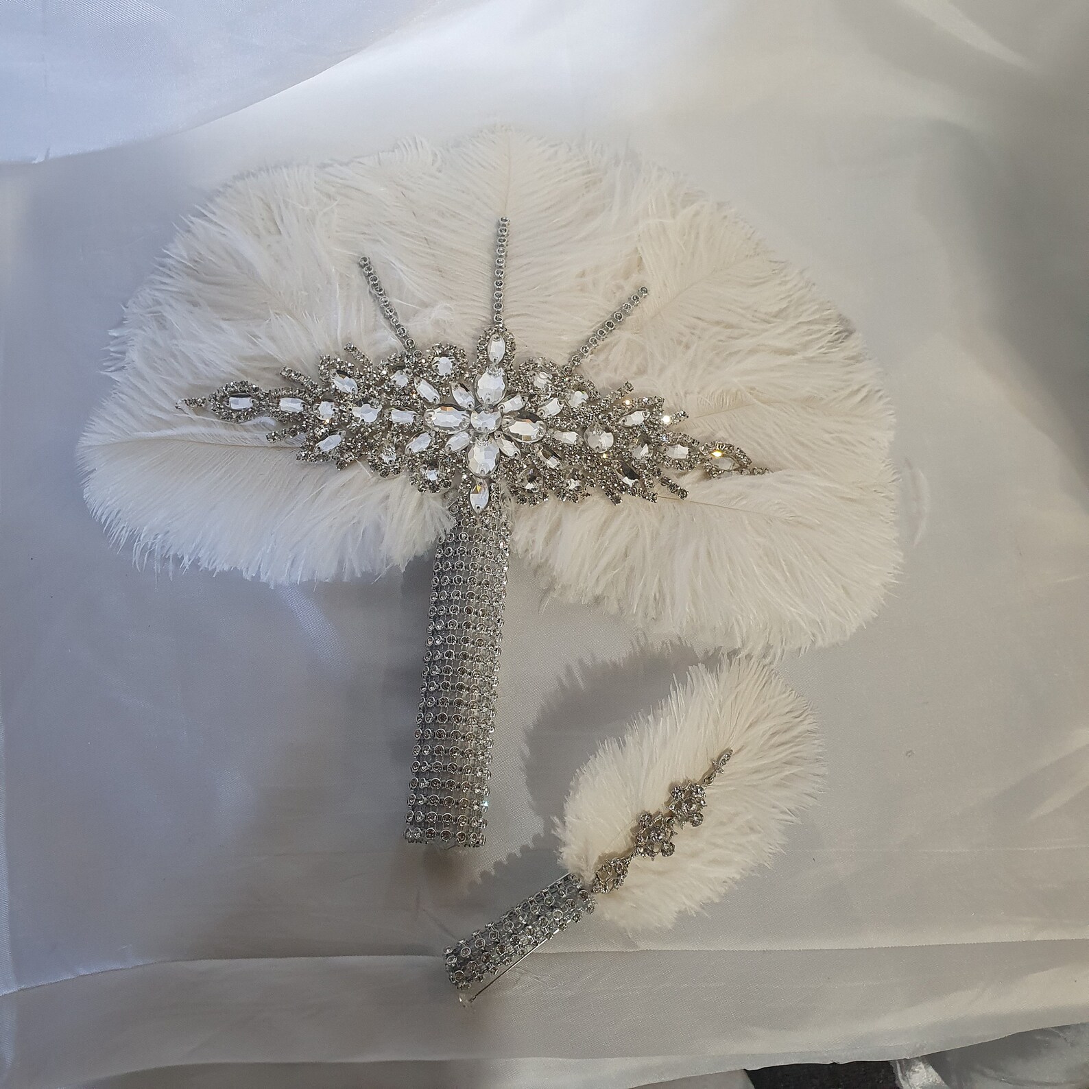 Ostrich Feather Wedding Fan & Buttonhole Set: Rhinestone Crystal Bridal ...