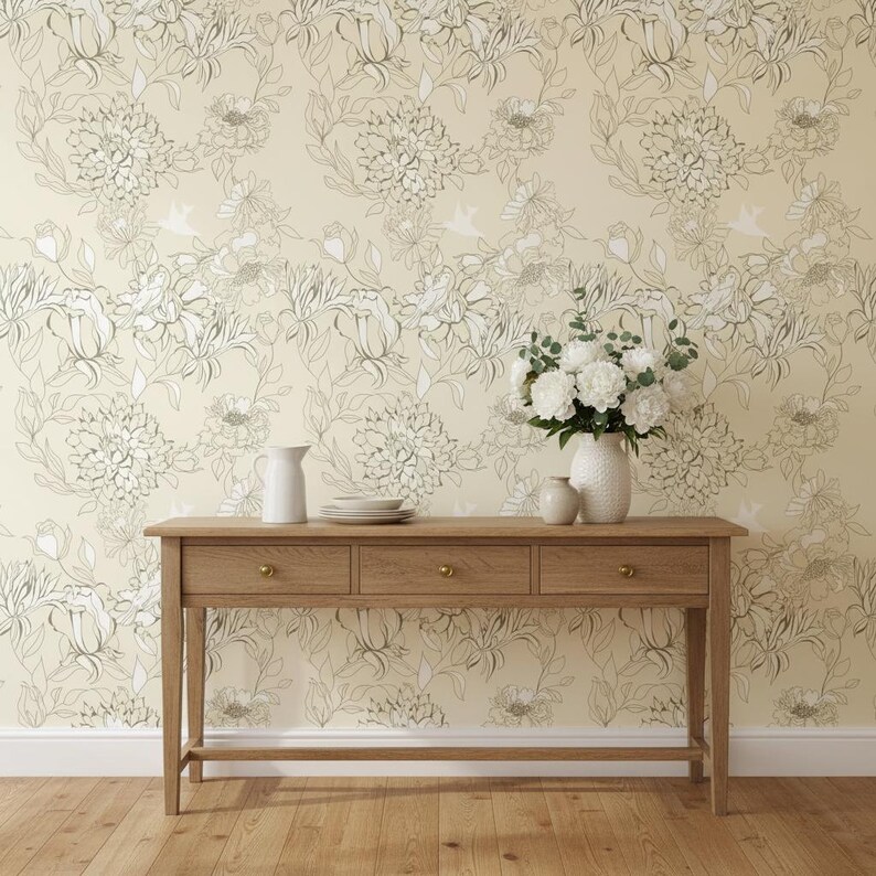 Cream Botanical Peony Tulip Bird Wallpaper, Cottagecore Floral Wall ...