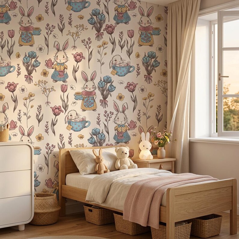 Beige Blue Bunny Floral Nursery Wallpaper, Removable Kids Room Decor - Etsy