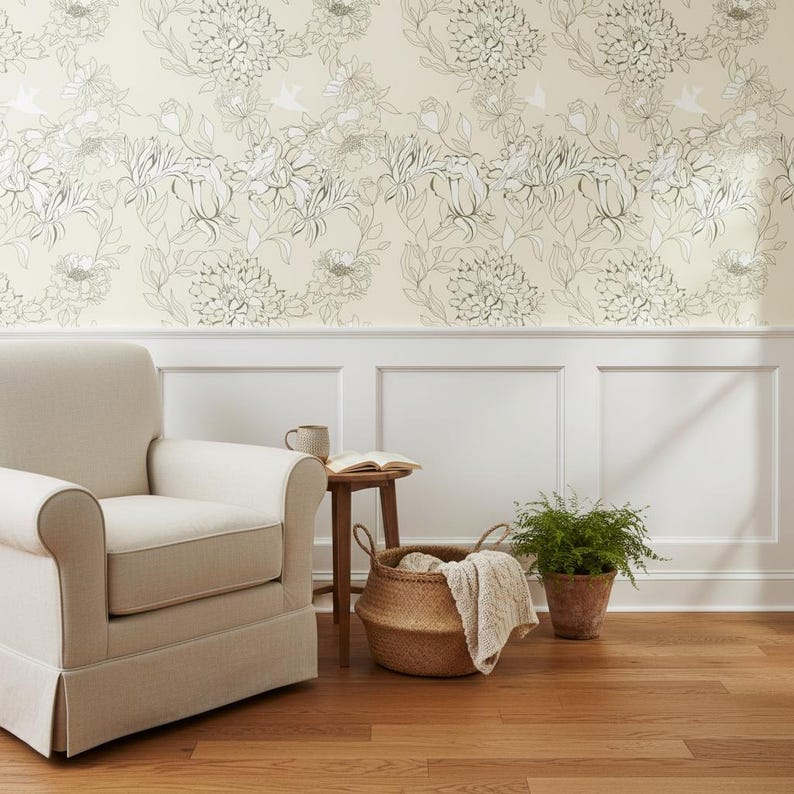 Cream Botanical Peony Tulip Bird Wallpaper, Cottagecore Floral Wall ...