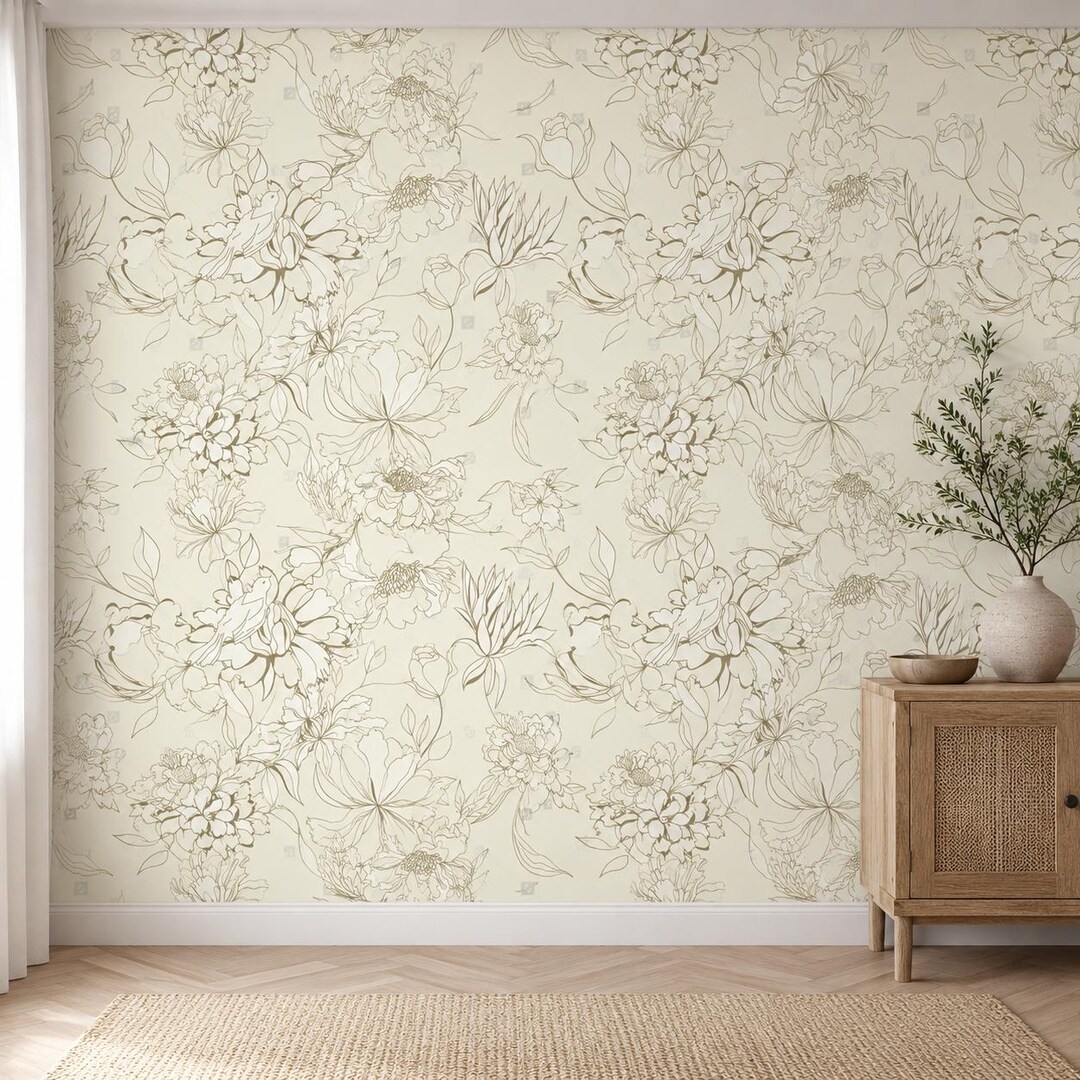 Cream Botanical Peony Tulip Bird Wallpaper, Cottagecore Floral Wall ...