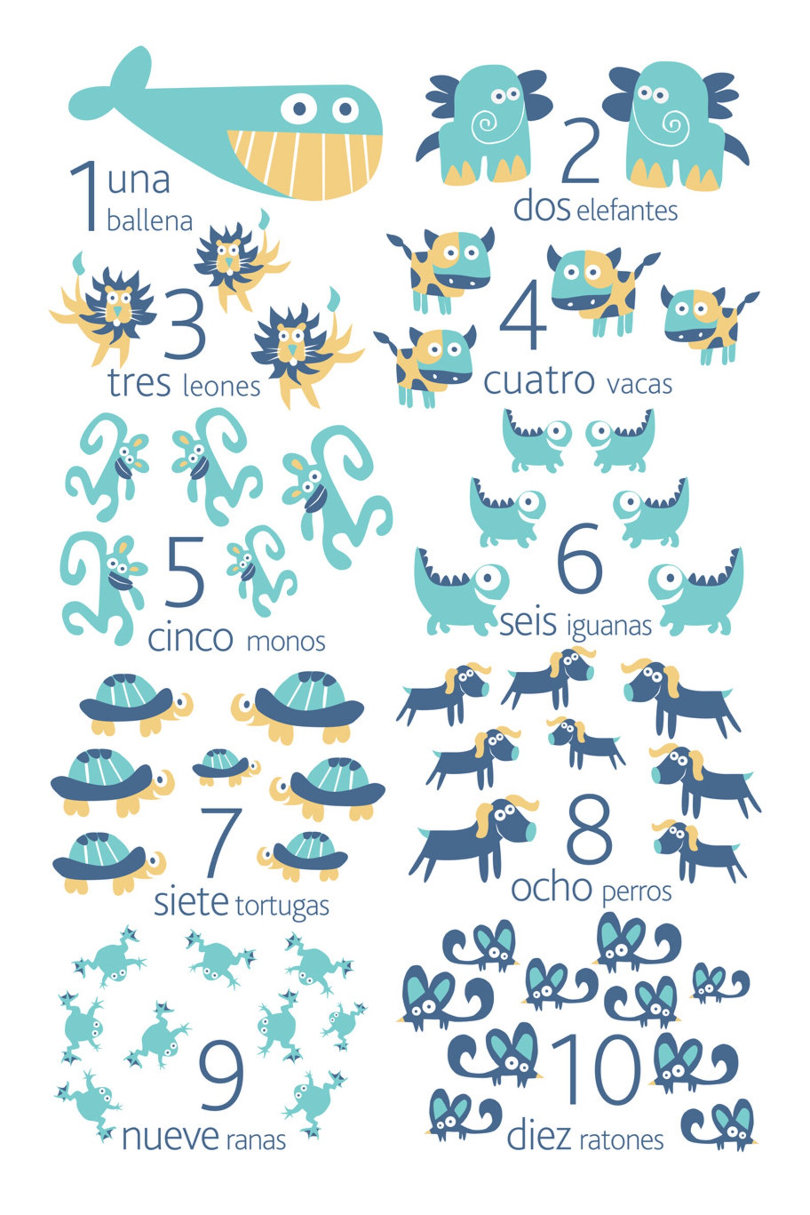 SPANISH Numbers Poster with animals from 1 to 10 BIG POSTER | Etsy