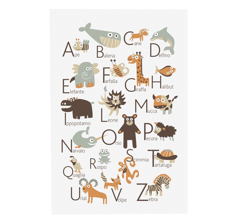 ITALIAN Alphabet Poster With Animals From A to Z, BIG POSTER 13x19 ...