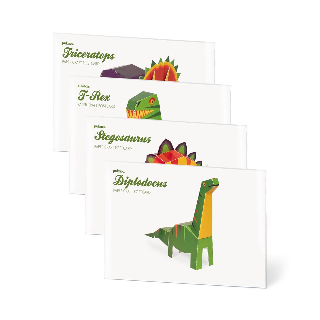 4 DINOSAURS Paper Craft Postcards - T-rex - Diplodocus - Stegosaurus ...