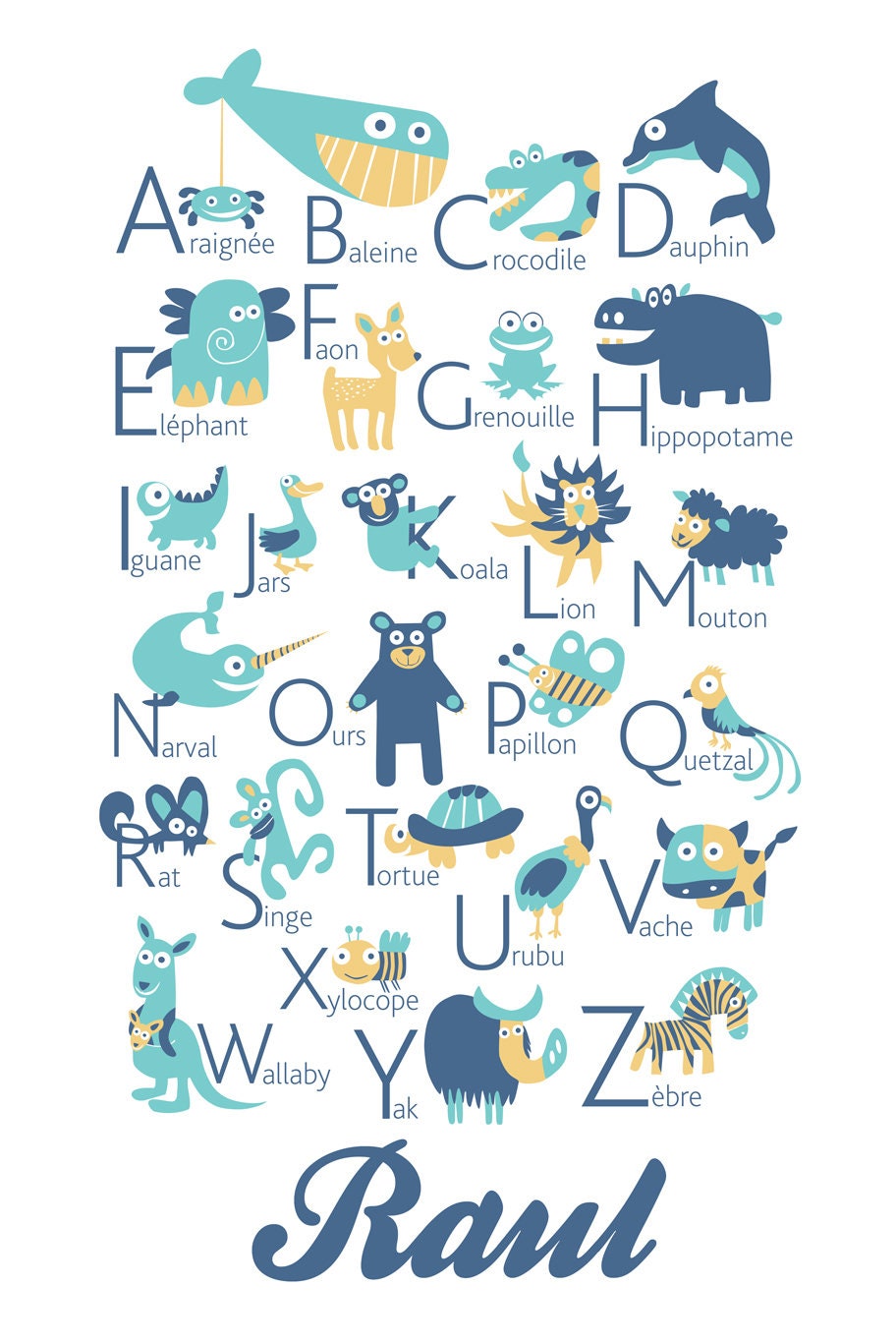 Personalized FRENCH Alphabet Poster With Animals From A to Z | Etsy