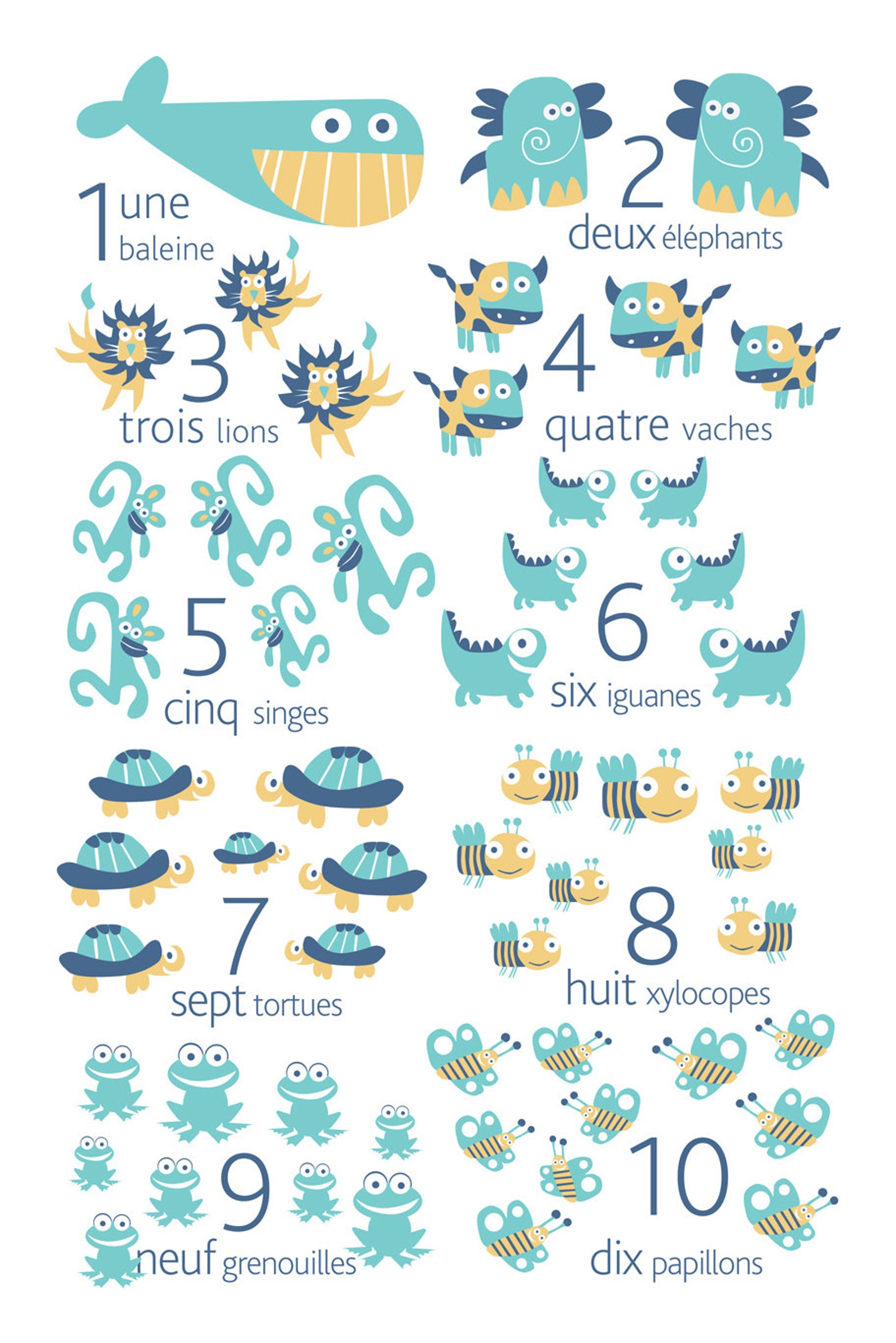 FRENCH Numbers Poster With Animals From 1 to 10 BIG POSTER - Etsy