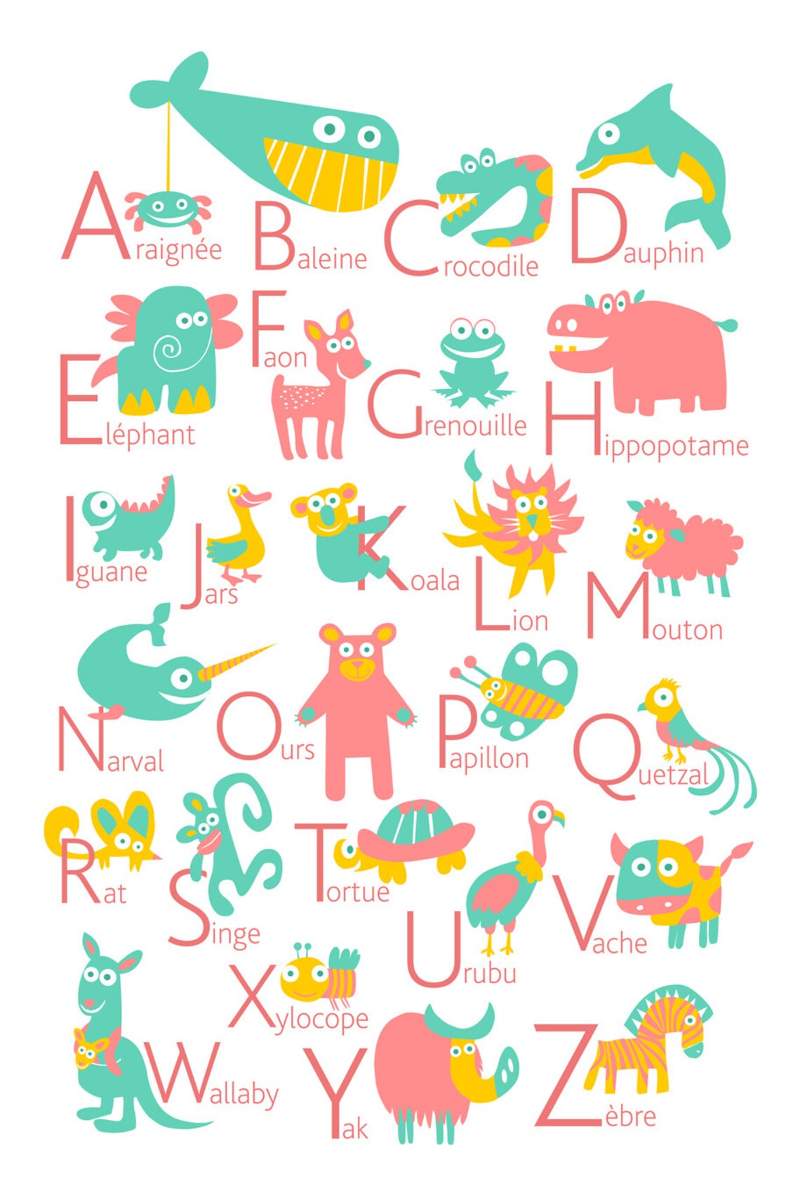 FRENCH Alphabet Poster With Animals From A to Z, BIG POSTER 13x19 ...