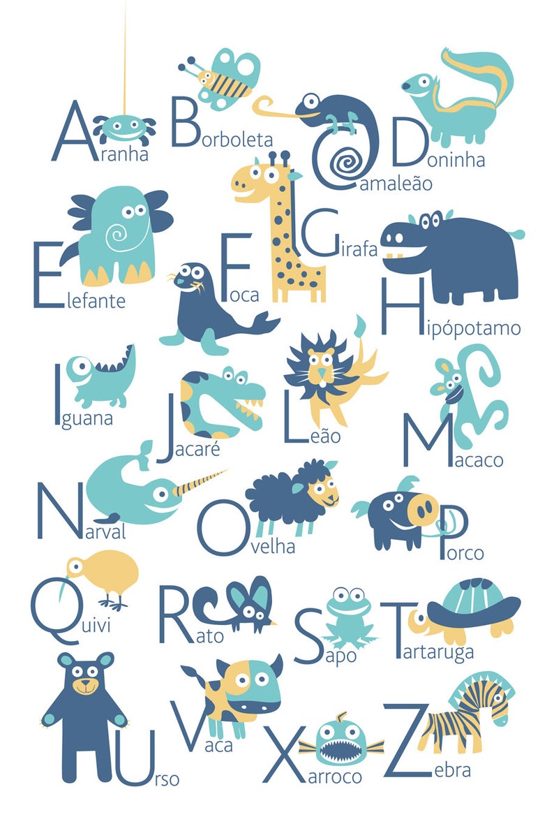 PORTUGUESE Alphabet Poster With Animals From A to Z, BIG POSTER 13x19 ...
