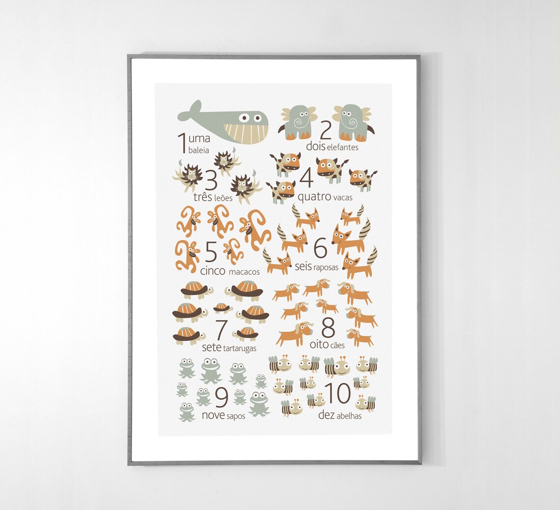 PORTUGUESE Numbers Poster with animals from 1 to 10 BIG | Etsy