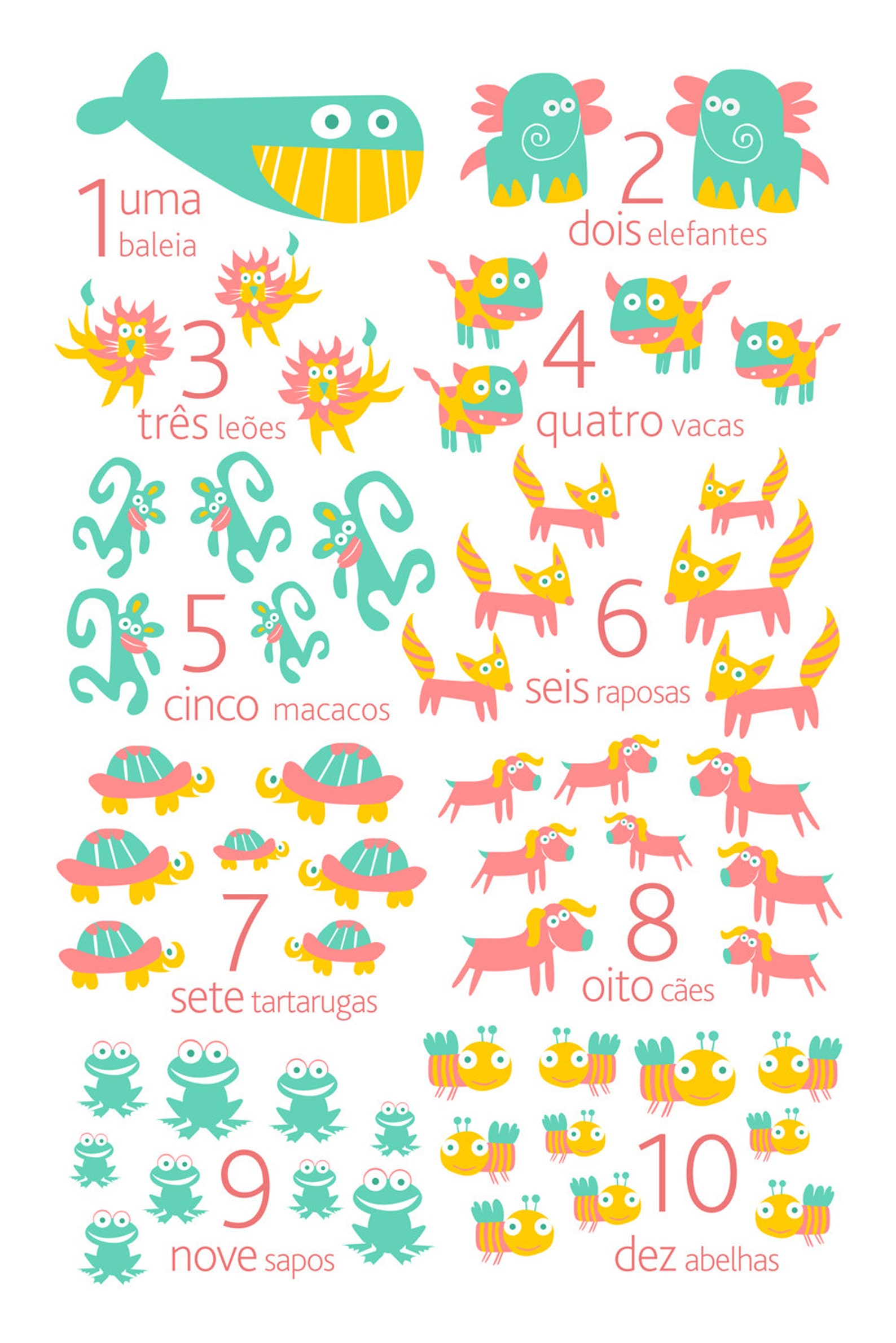PORTUGUESE Numbers Poster With Animals From 1 to 10 - BIG POSTER 13x19 ...