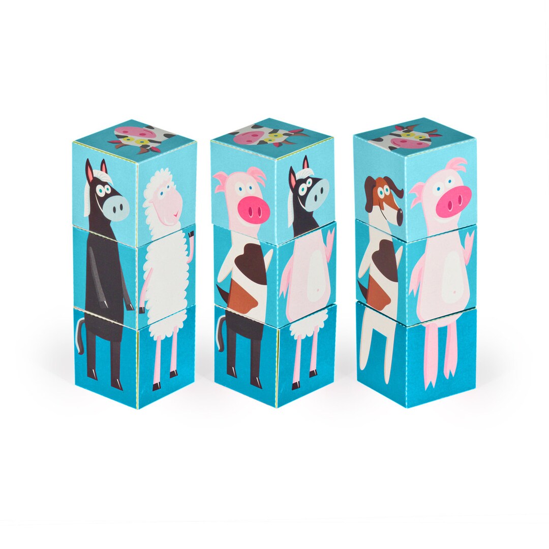 Farm Animals Blocks Blue PRINTABLE PDF Toy DIY Craft Kit Paper Toy 3 ...