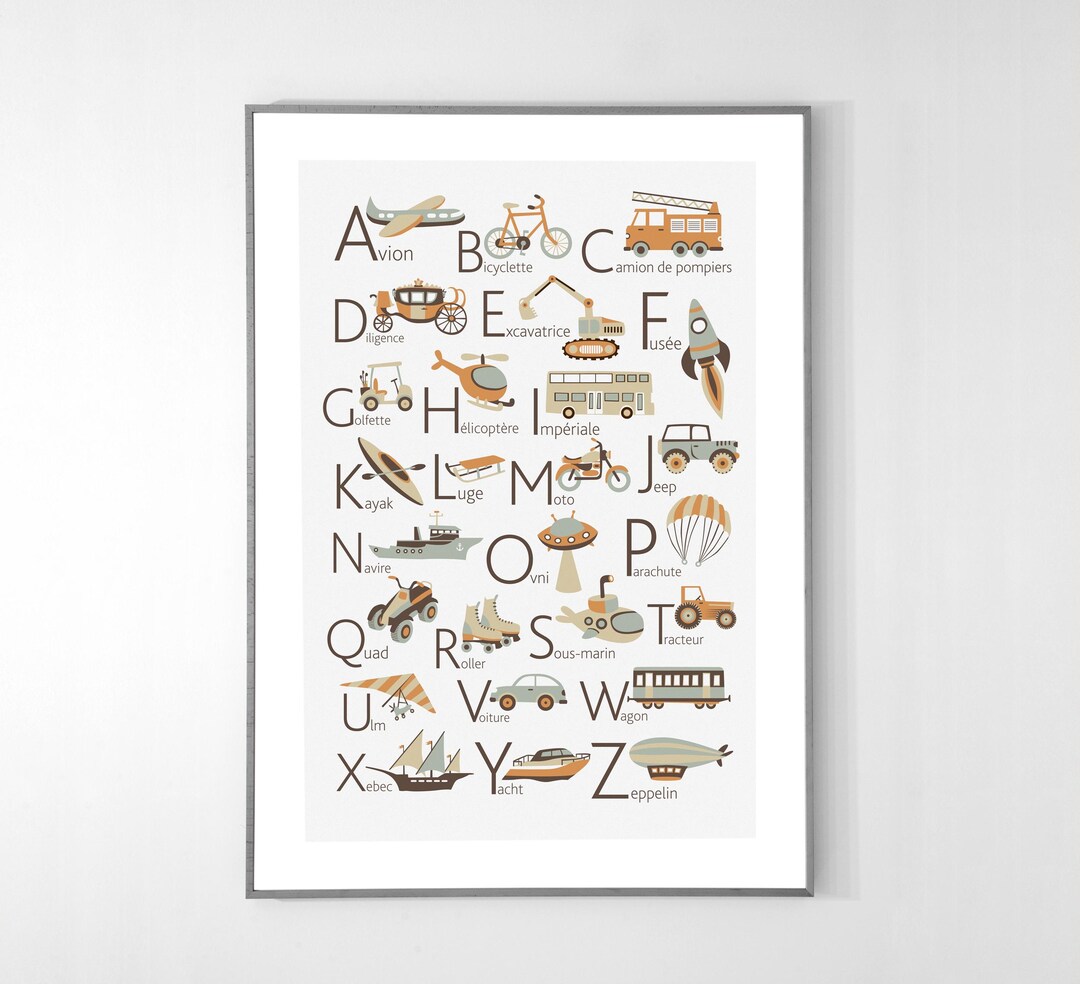 FRENCH Transports Alphabet Poster From A to Z - Brown Colors ...