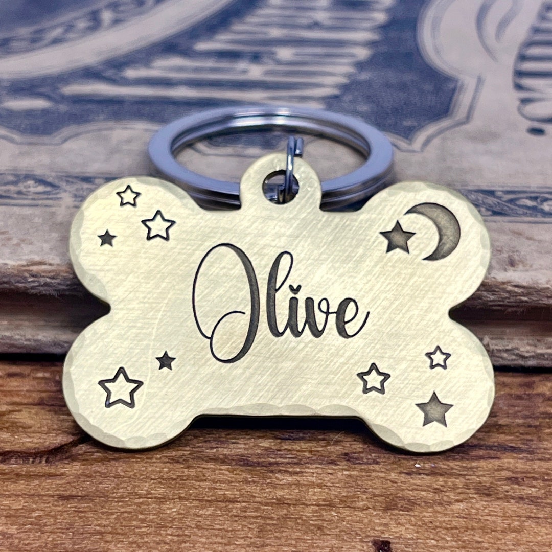 Large Brass Bone Shaped Dog Tag, Moon and Stars Dog Tag, Celestial Tags ...