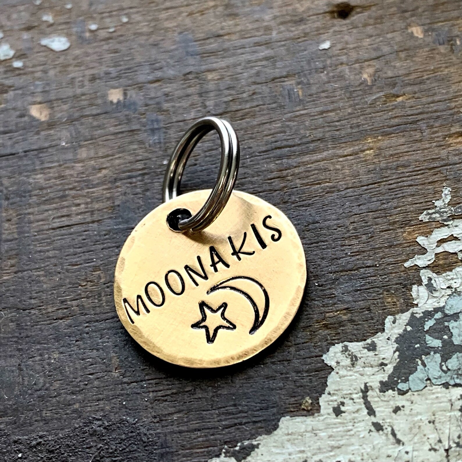 Hand Stamped Celestial Cat Tag | Gold Moon & Star Cat Name Tag | Small ...