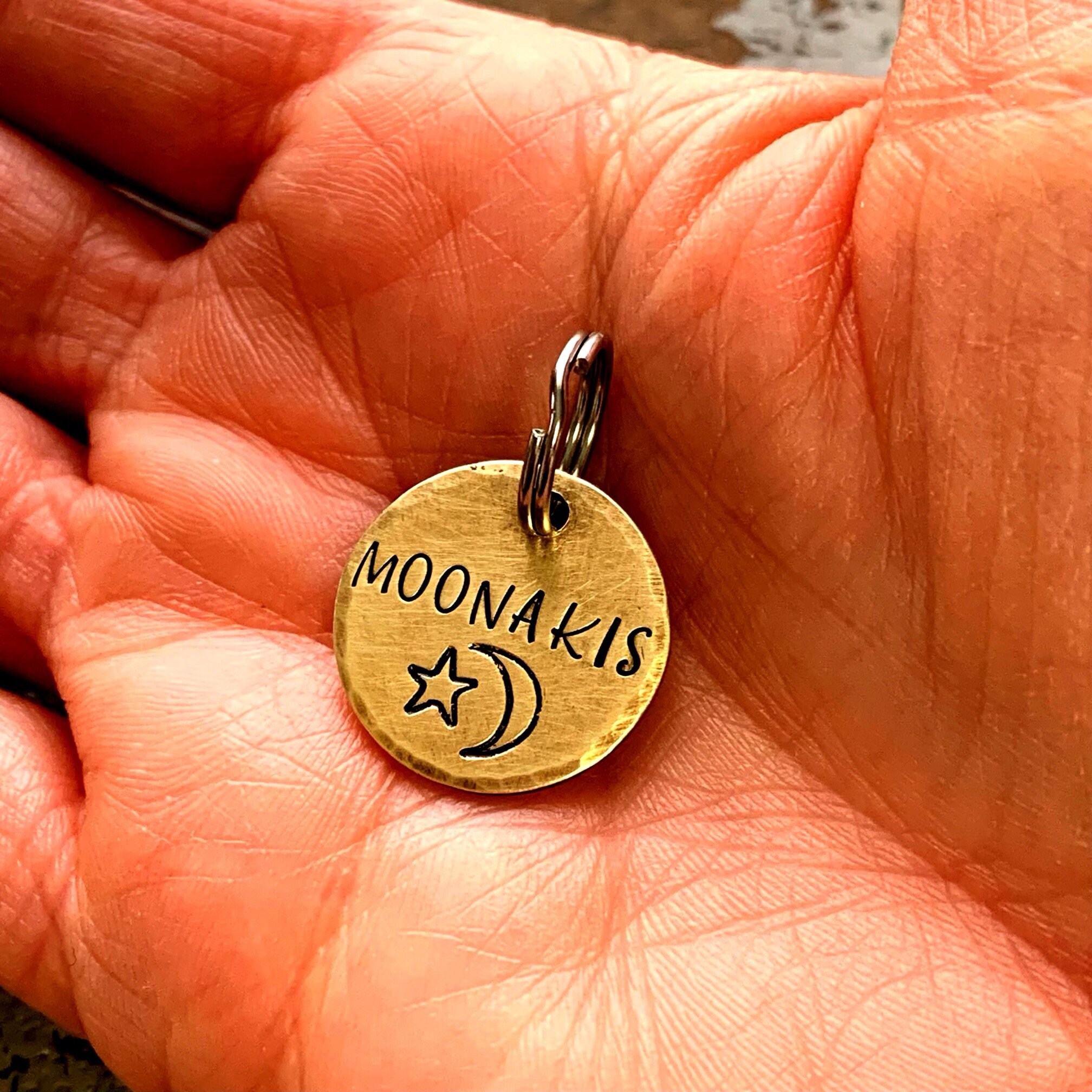 Hand Stamped Celestial Cat Tag | Gold Moon & Star Cat Name Tag | Small ...