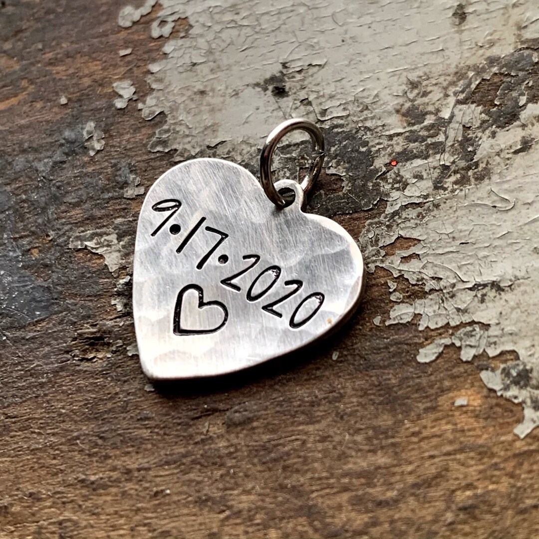 Custom Heart Charm, Hammered Heart Charm, Personalized Wedding Date for ...