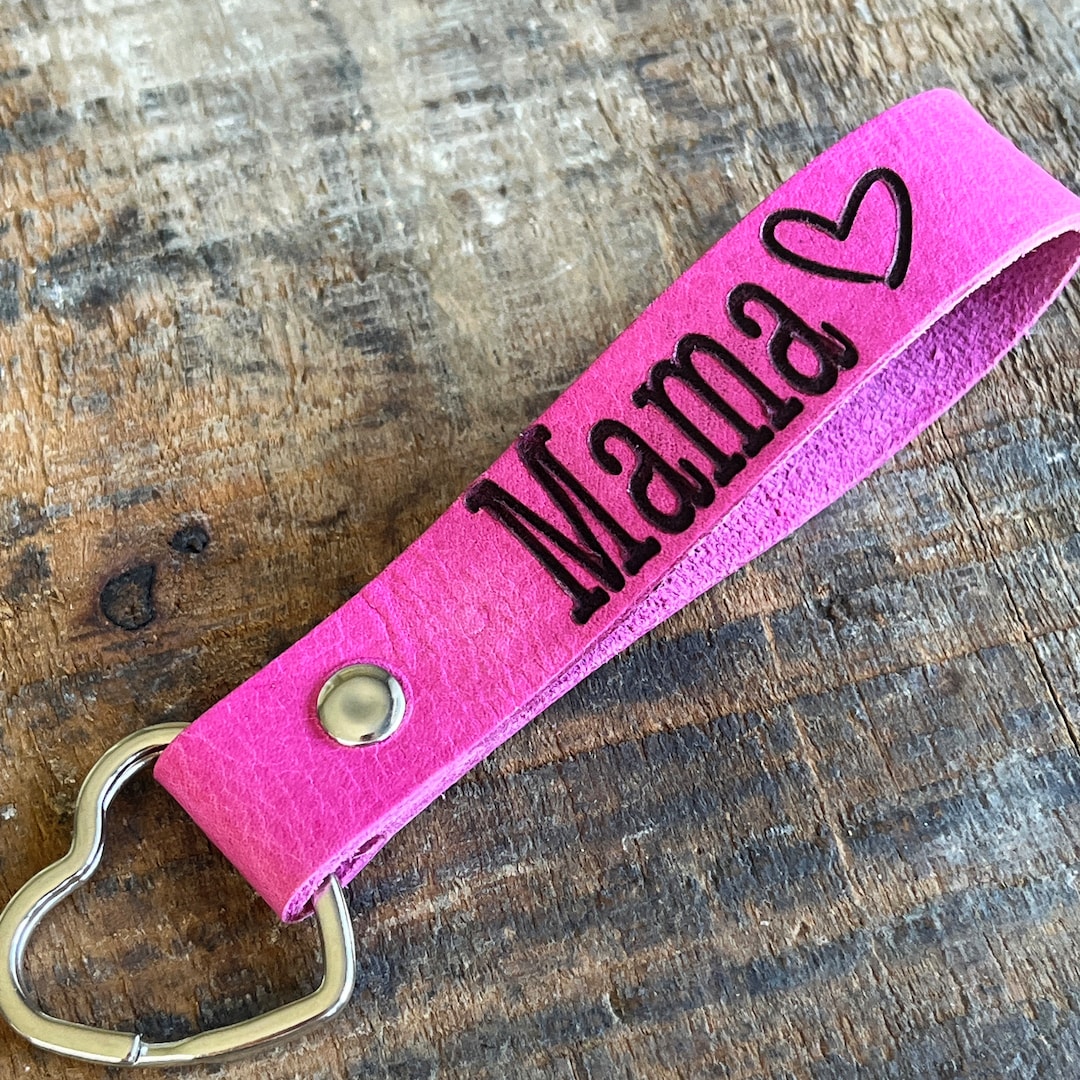 Mama Keychain in Pink Leather, Personalized Mom Keychain, Pink Key Fob ...