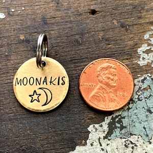Hand Stamped Celestial Cat Tag | Gold Moon & Star Cat Name Tag | Small ...