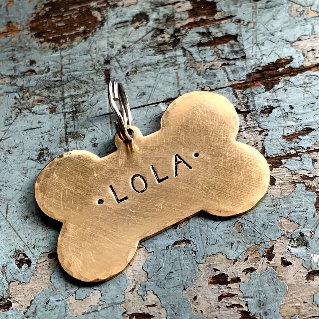 Bone Shaped Dog Tag, Large Brass Custom Hand Stamped ID Tag for Pets - Etsy