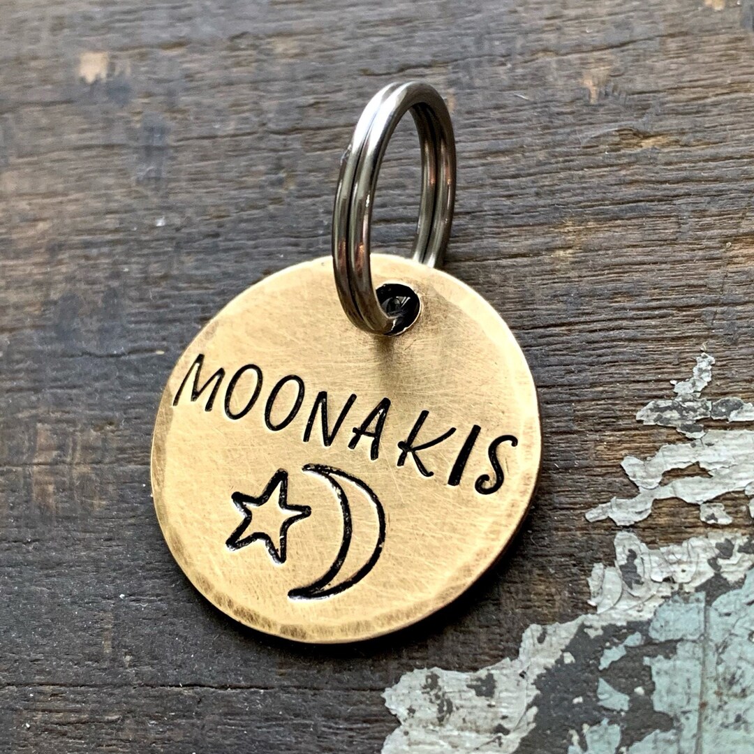 Hand Stamped Celestial Cat Tag | Gold Moon & Star Cat Name Tag | Small ...