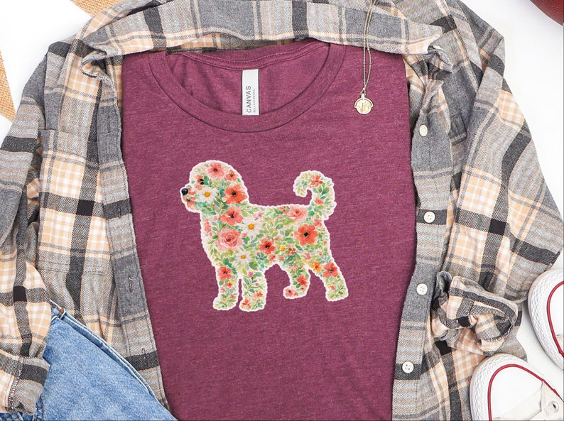 Unique Pet Portrait, Australian Doodle Floral Silhouette Tee, Trendy ...