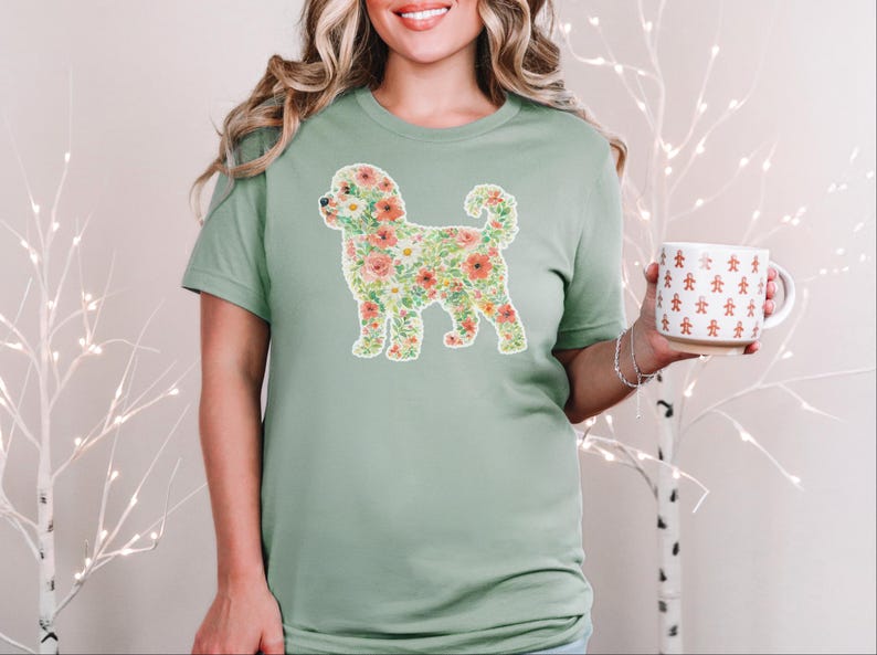 Unique Pet Portrait, Australian Doodle Floral Silhouette Tee, Trendy ...