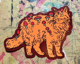 Mushroom Cat Sticker 3 X 2 Weird Fungi Ginger Cat Trippy Fungus Magic ...