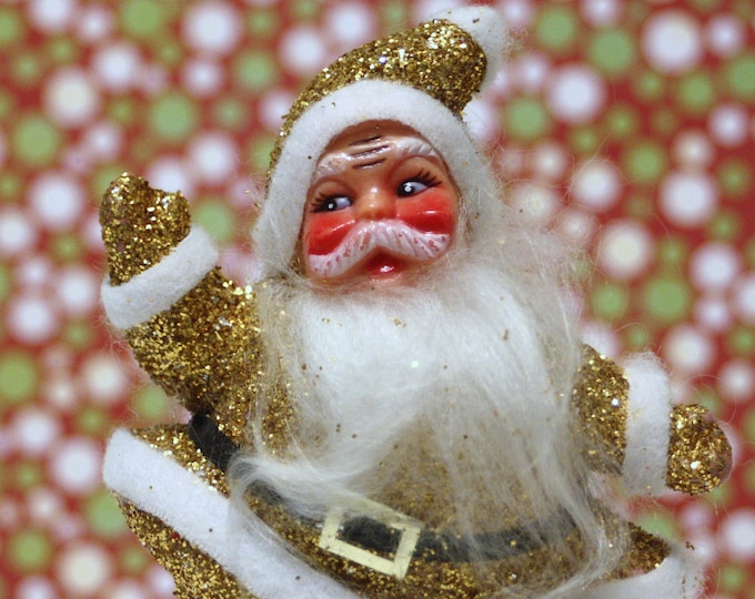 Vintage Santa Plastic Gold Glitter Decoration Kitsch Holiday Christmas ...