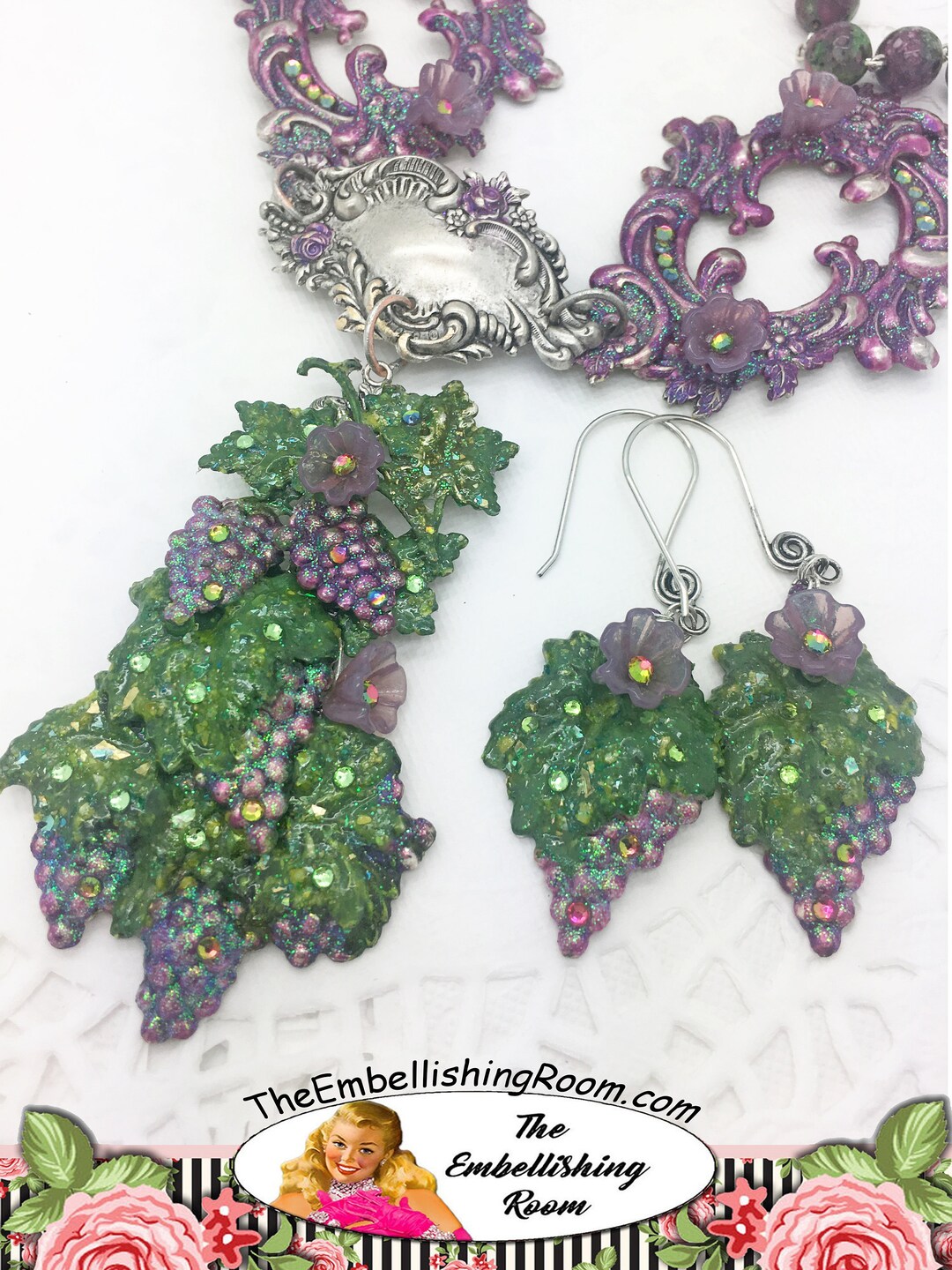 Romantic Grape Assemblage Statement Necklace & Earrings Set ~ Layered ...