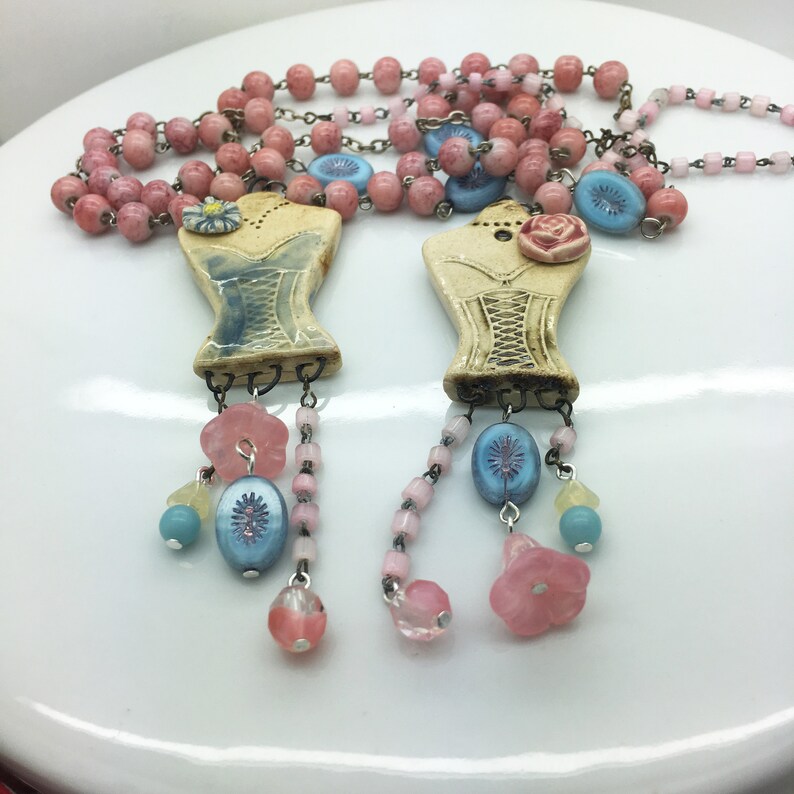 Lariat Corset Necklace ~ Vintage Pink Rosary Type Chain, Blue Accents ...
