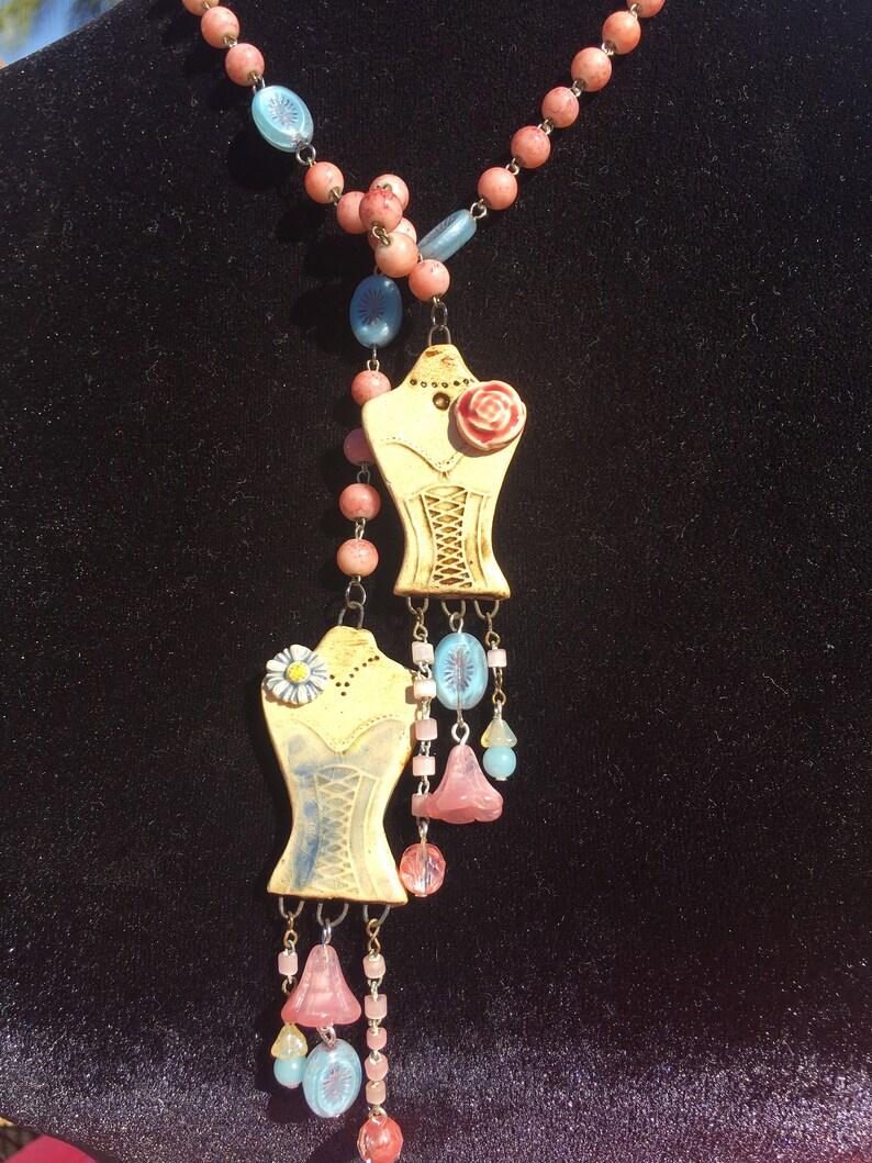 Lariat Corset Necklace ~ Vintage Pink Rosary Type Chain, Blue Accents ...