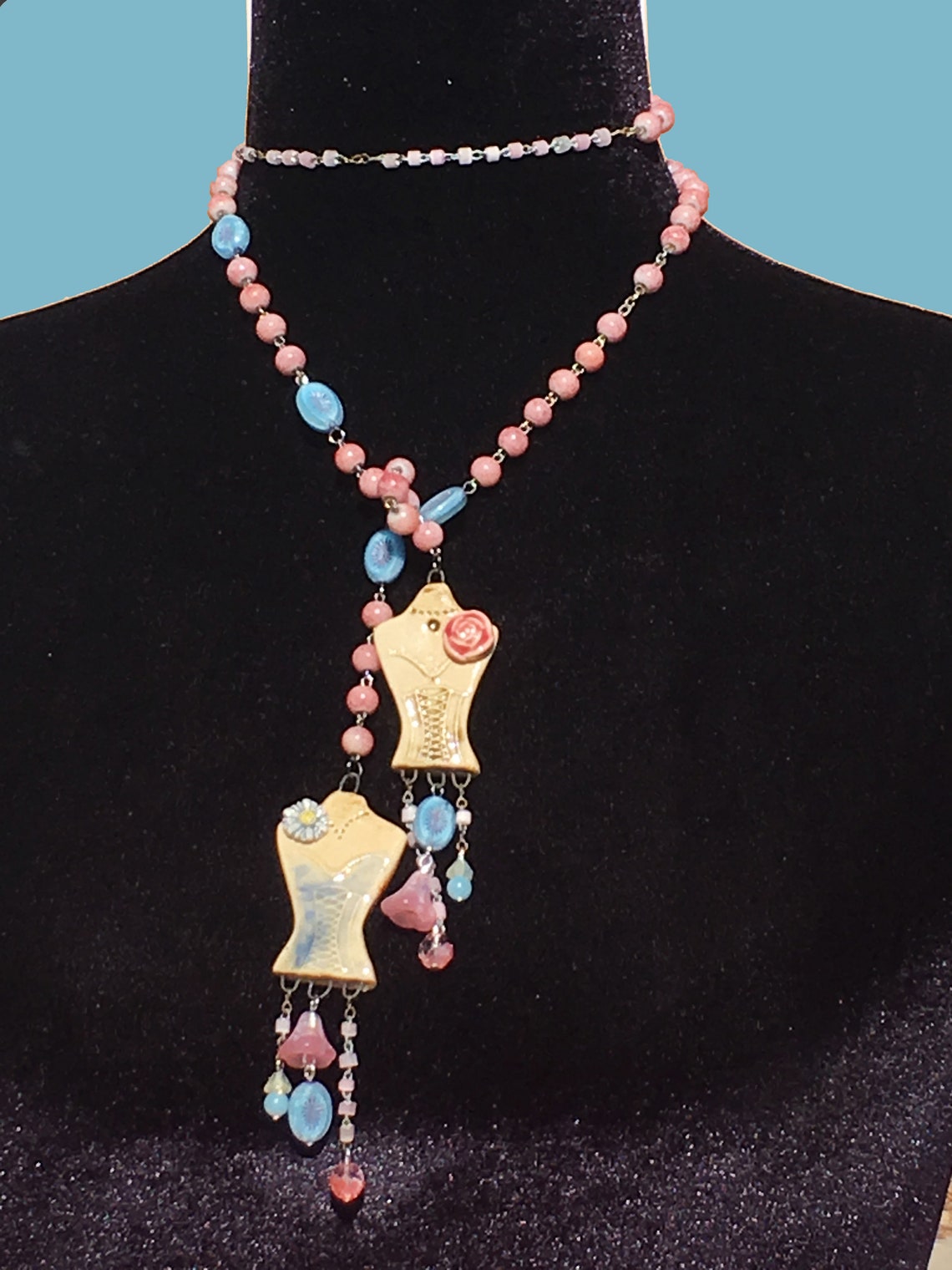 Lariat Corset Necklace ~ Vintage Pink Rosary Type Chain, Blue Accents ...