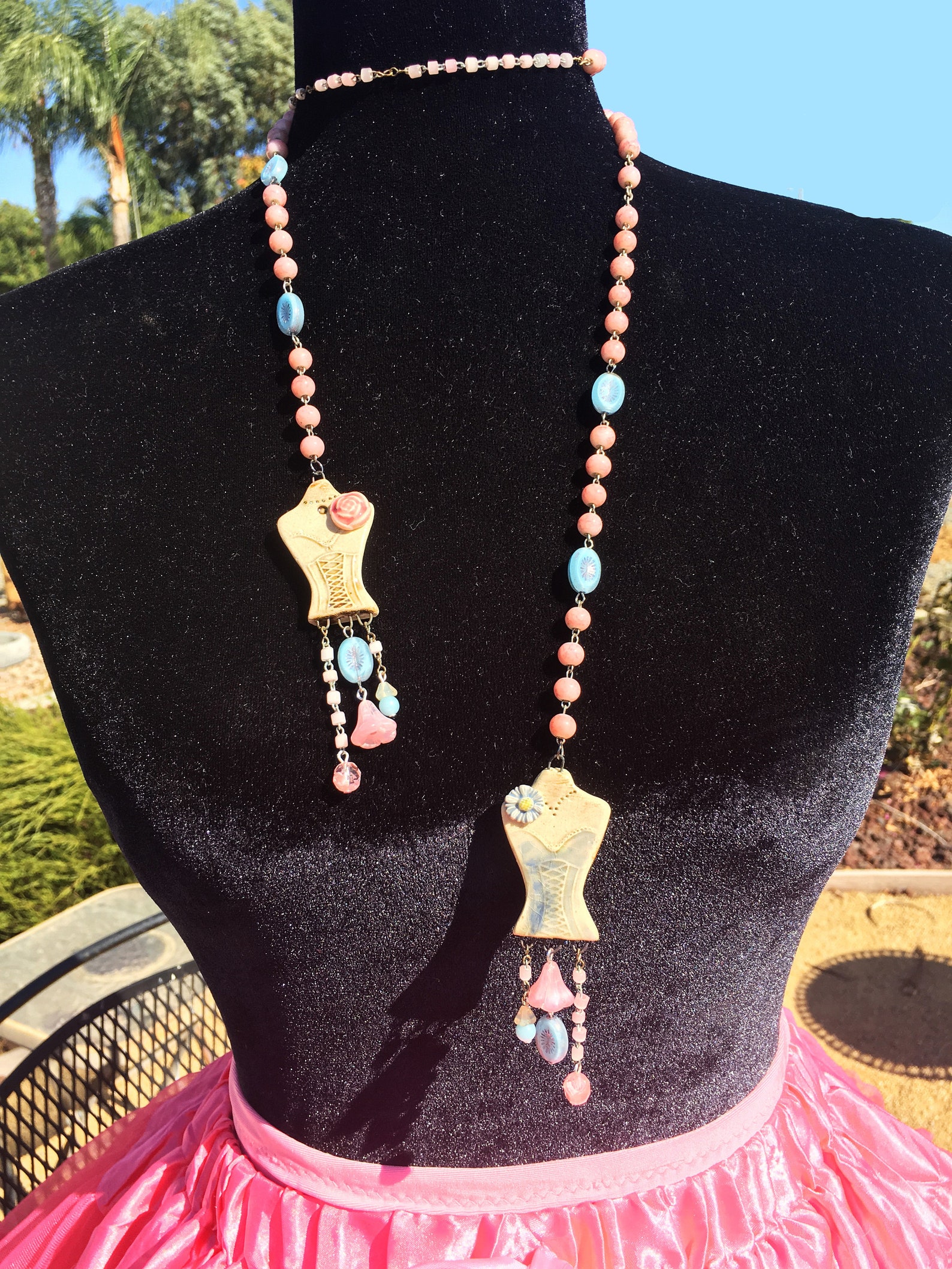 Lariat Corset Necklace ~ Vintage Pink Rosary Type Chain, Blue Accents ...