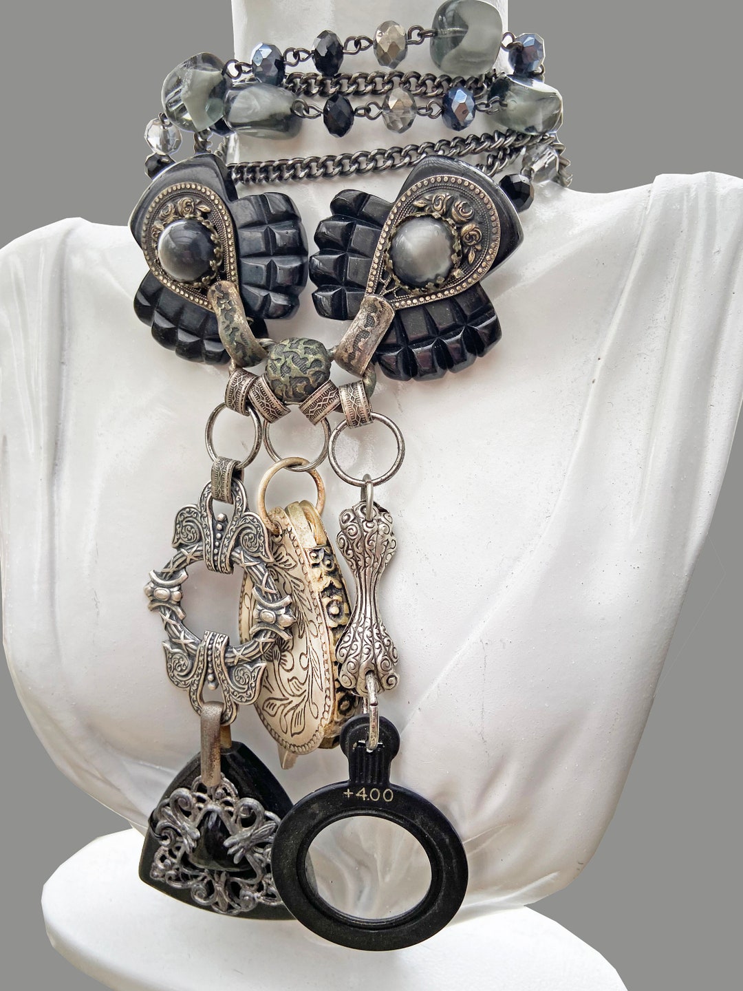 Monocles And Cloak Hooks Assemblage Necklace From Vintage Components ~ Antique Monocle Cloak
