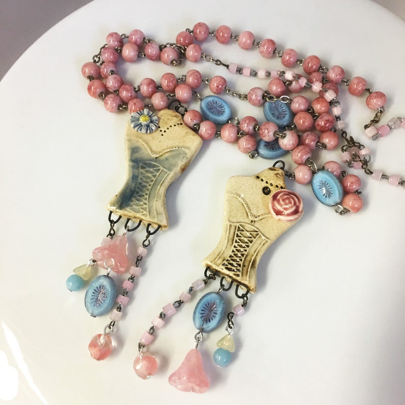 Lariat Corset Necklace ~ Vintage Pink Rosary Type Chain, Blue Accents ...