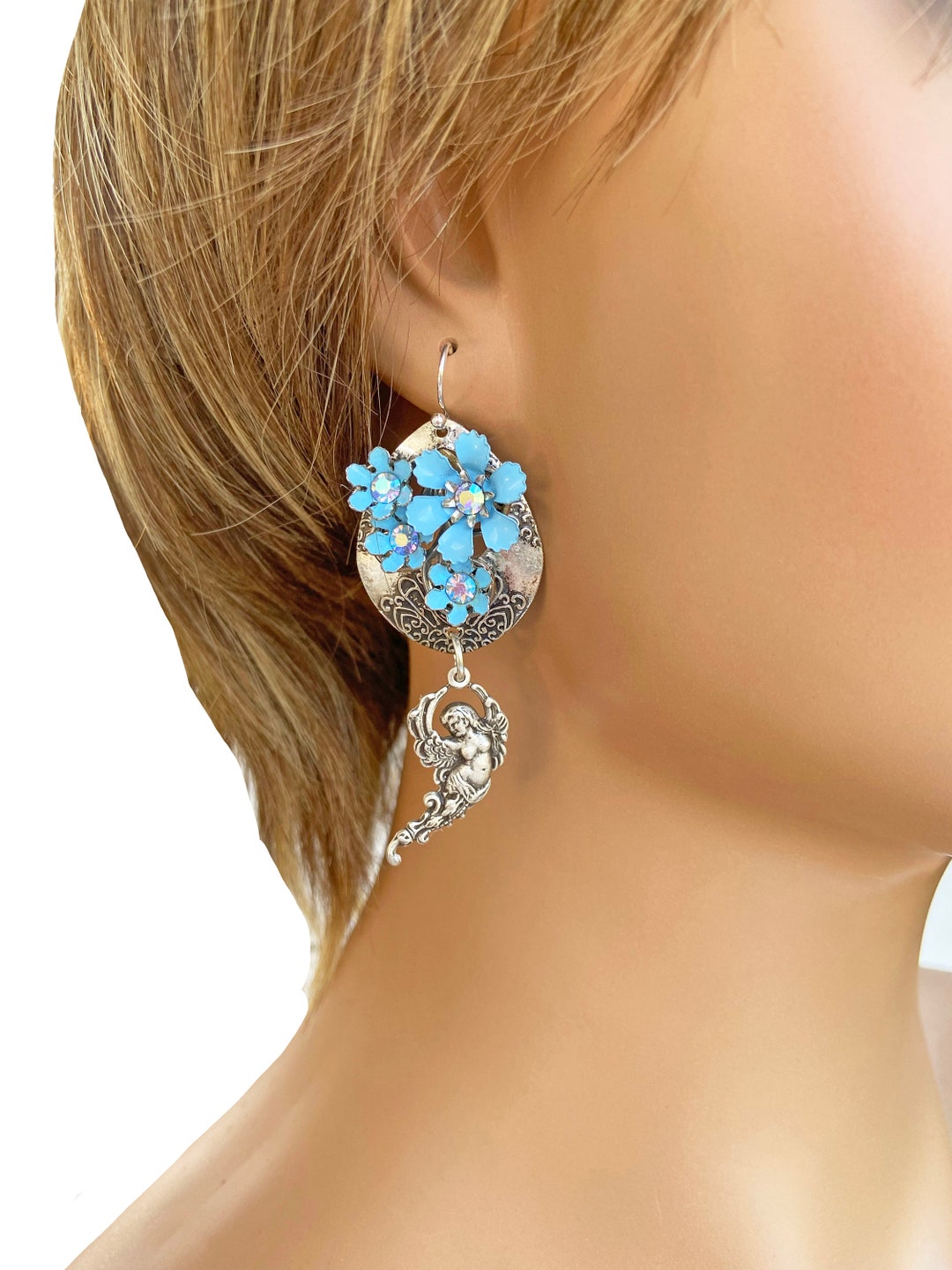 Lovely Angle Assemblage Dangle Floral Earrings ~ Blue and Silver Colors ...