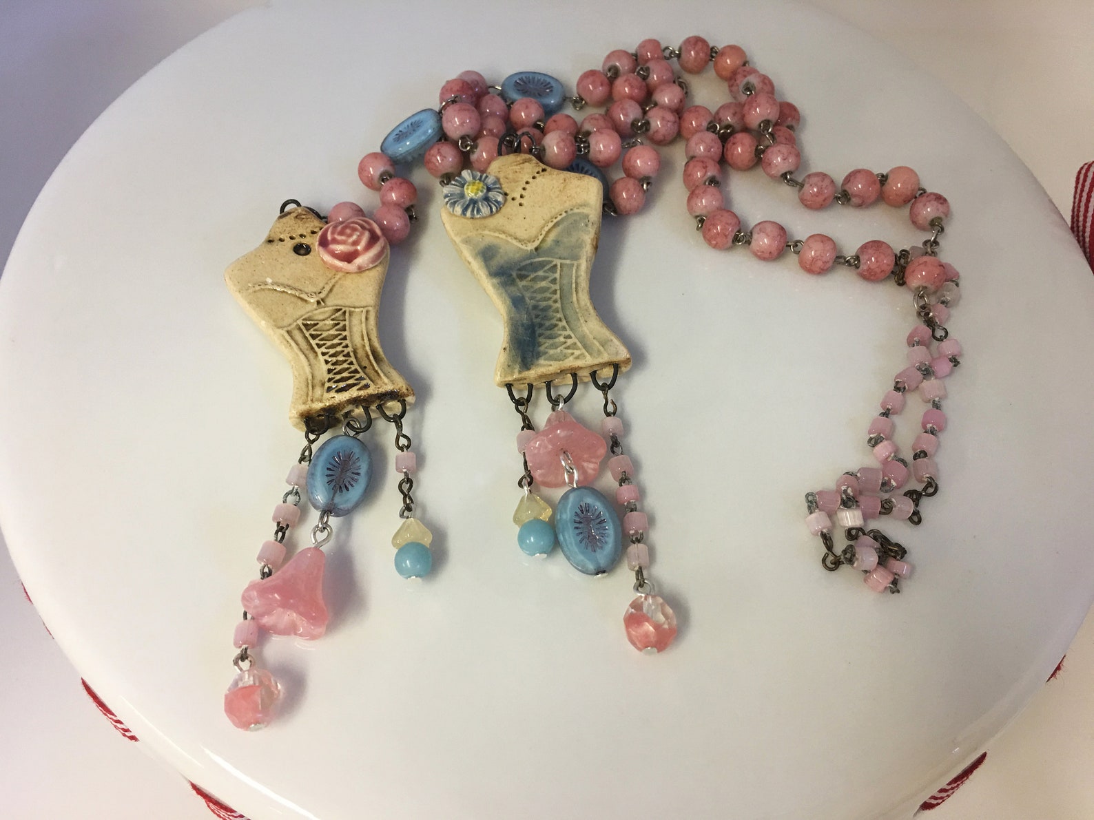 Lariat Corset Necklace ~ Vintage Pink Rosary Type Chain, Blue Accents ...