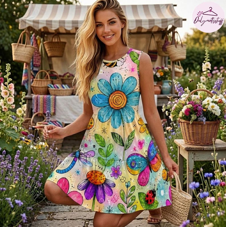 Colorful Butterfly Garden Dress, Cute Dragonfly Bee Ladybug Floral ...