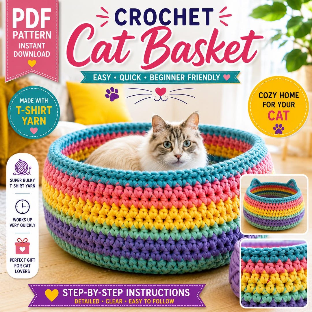 Colorful Crochet Cat Basket Pattern | Easy T-shirt Yarn Pet Bed PDF. - Etsy