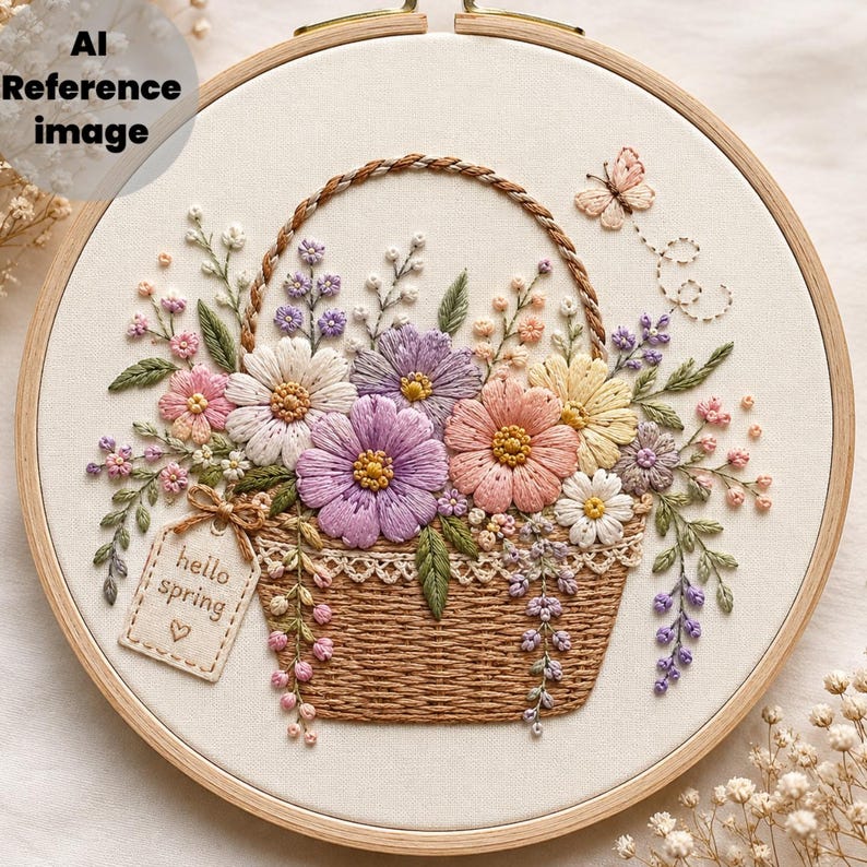 Floral Basket Hand Embroidery Pattern | Spring Flower Hoop Art ...